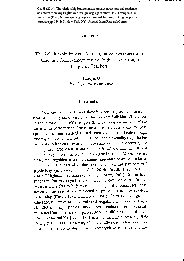 Pdf The Relationship Between Metacognitive Awareness And Academic Achievement Among English As