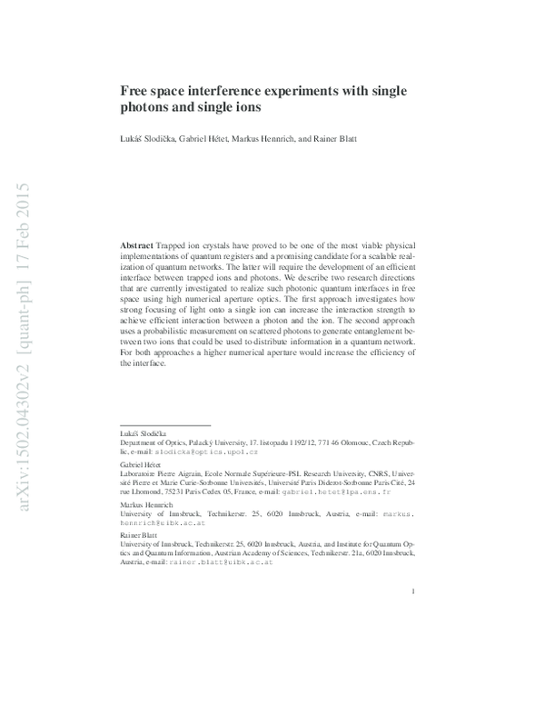 (PDF) Free space interference experiments with single photons and ...