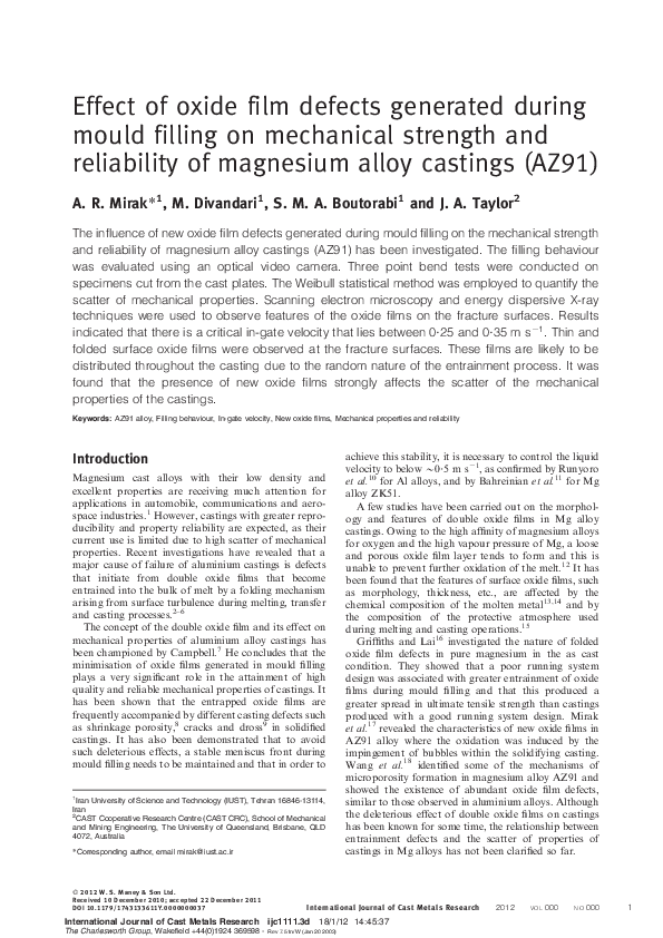 (PDF) Effect of oxide film defects generated during mould filling on ...