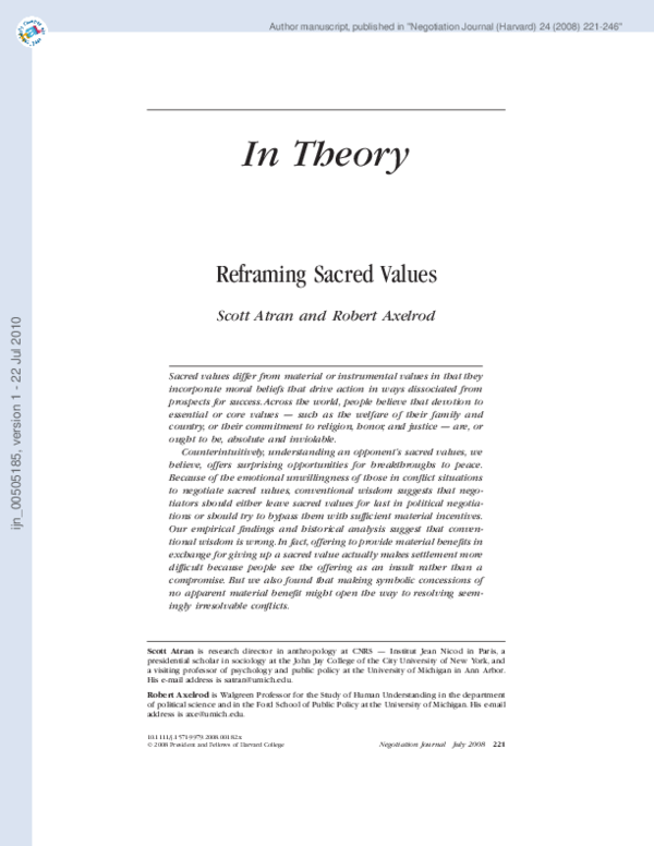 (PDF) Reframing Sacred Values