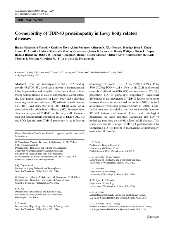 (PDF) Co-morbidity of TDP-43 proteinopathy in Lewy body related diseases