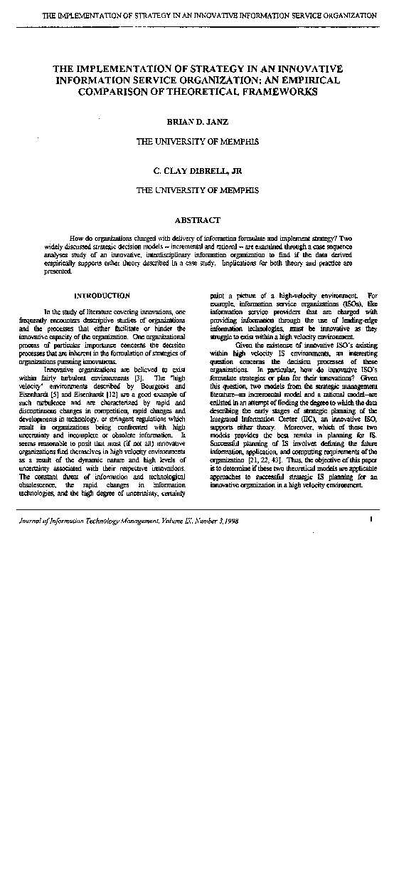 (PDF) The Implementation of Strategy in an Innovative Information Service Organization: An ...