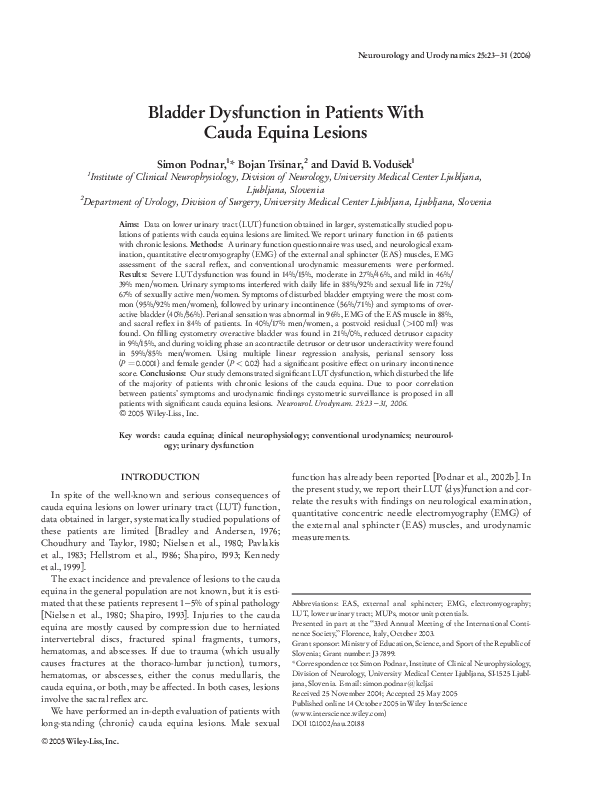 (PDF) Bladder dysfunction in patients with cauda equina lesions