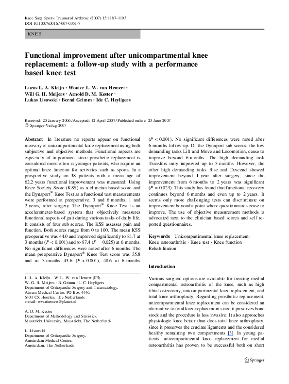 (PDF) Functional improvement after unicompartmental knee replacement: a follow-up study with a ...