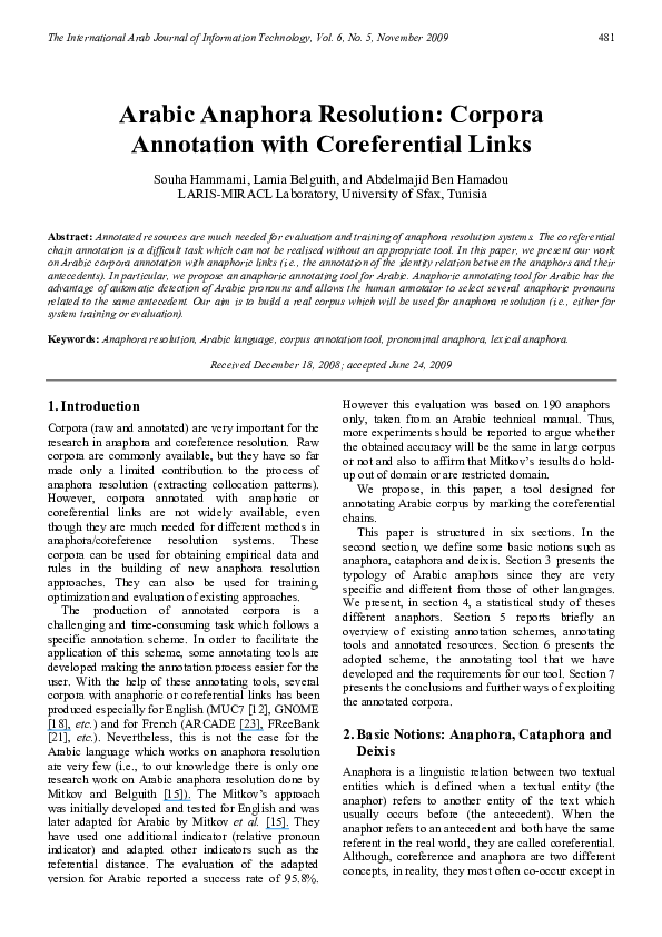 (PDF) Arabic Anaphora Resolution: Corpora Annotation with Coreferential Links | Souha Hammami ...