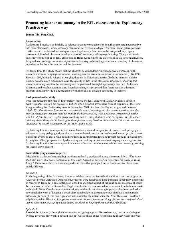(PDF) Promoting learner autonomy in the EFL classroom: the Exploratory Practice way
