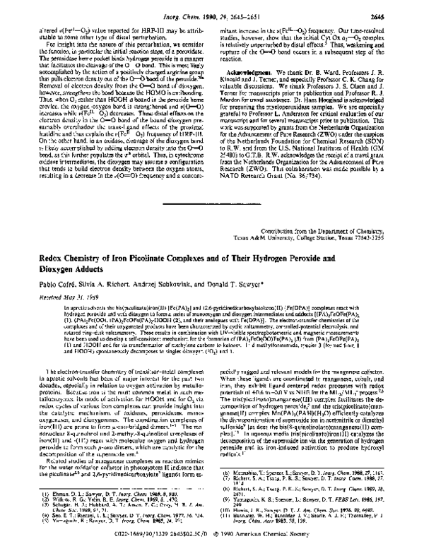 (PDF) Redox chemistry of iron picolinate complexes and of their ...