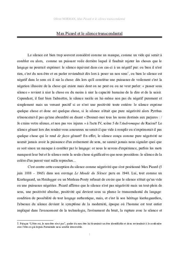 (PDF) Max Picard et le silence transcendantal