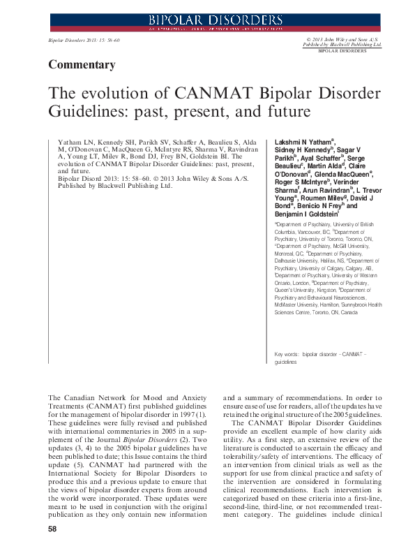 (PDF) The evolution of CANMAT Bipolar Disorder Guidelines: past ...