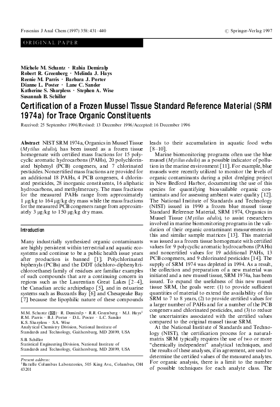 (PDF) Certification of a Frozen Mussel Tissue Standard Reference ...