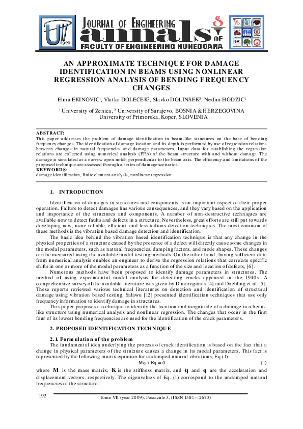 (PDF) An Approximate Technique for Damage Identification in Beams Using Nonlinear Regression ...
