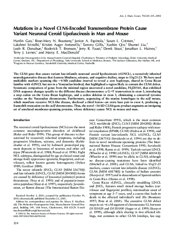 (PDF) Mutations in a Novel CLN6-Encoded Transmembrane Protein Cause ...