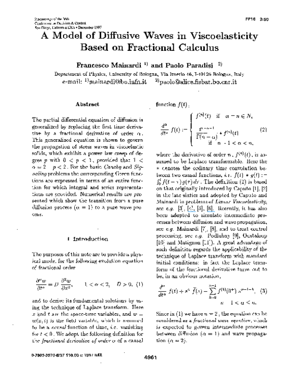 Pdf A Model Of Diffusive Waves In Viscoelasticity Based On Fractional Calculus