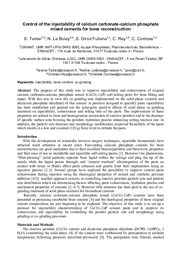 (PDF) Control of the Injectability of Calcium Carbonate-Calcium Phosphate Mixed Cements for Bone ...