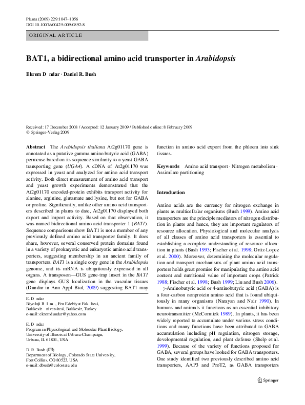 (PDF) BAT1, a bidirectional amino acid transporter in Arabidopsis
