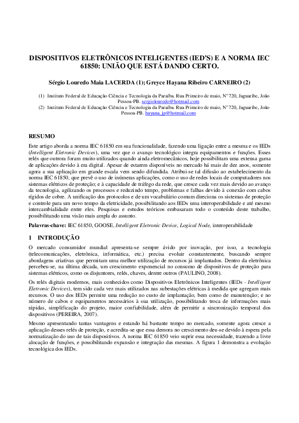 (PDF) DISPOSITIVOS ELETRÔNICOS INTELIGENTES (IED'S) E A NORMA IEC 61850 ...
