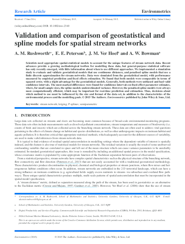 Pdf Validation And Comparison Of Geostatistical And Spline Models For Spatial Stream Networks