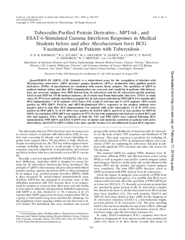 (PDF) Tuberculin-purified protein derivative-, MPT-64-, and ESAT-6-stimulated gamma interferon ...