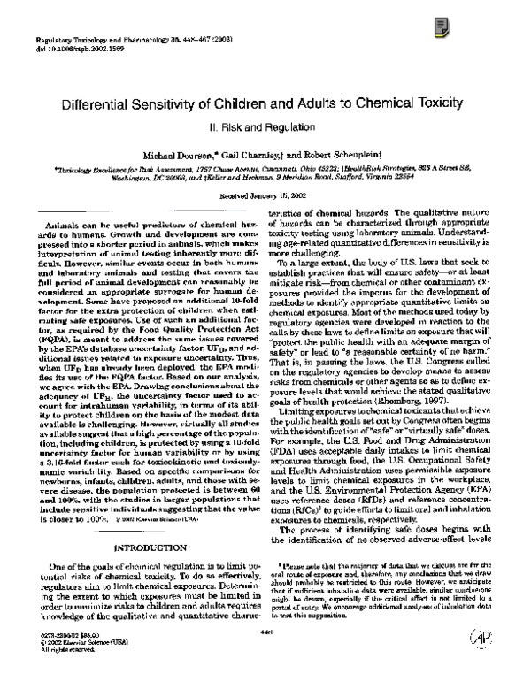 (PDF) Differential Sensitivity of Children and Adults to Chemical Toxicity