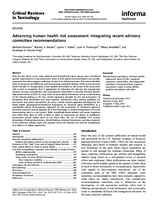 (PDF) Advancing human health risk assessment: Integrating recent ...