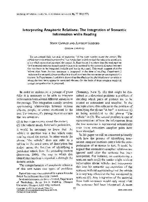Pdf Interpreting Anaphoric Relations The Integration Of Semantic Information While Reading