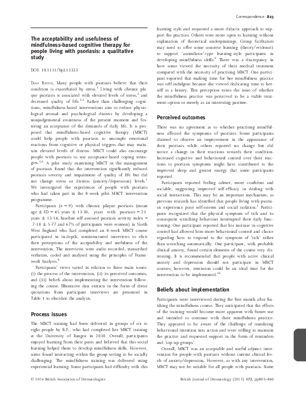 (PDF) The acceptability and usefulness of Mindfulness Based Cognitive Therapy (MBCT) for people ...