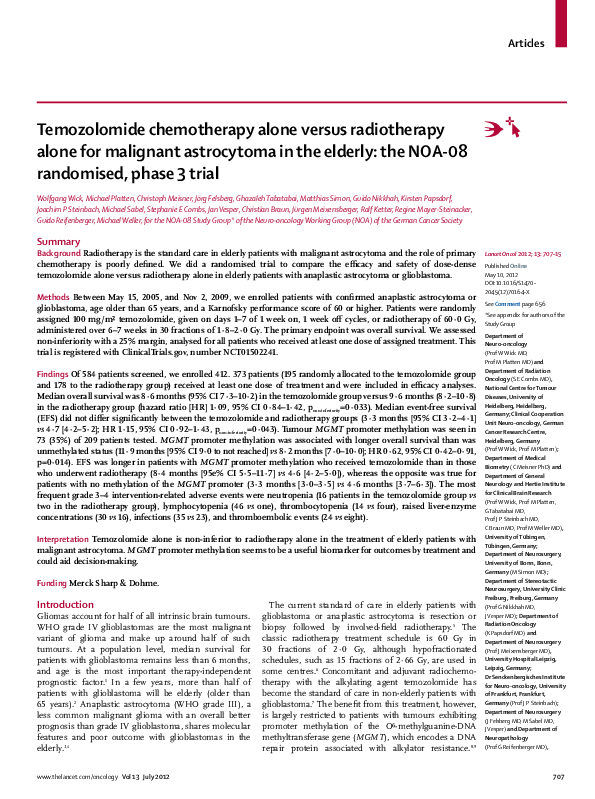 (PDF) Temozolomide chemotherapy alone versus radiotherapy alone for ...