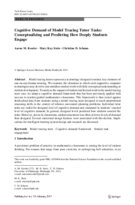 (PDF) Cognitive Demand of Model Tracing Tutor Tasks: Conceptualizing ...