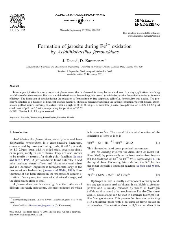 (PDF) Formation of jarosite during Fe2+ oxidation by Acidithiobacillus ...