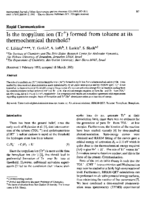 (PDF) Is the tropylium ion (Tr+) formed from toluene at its ...