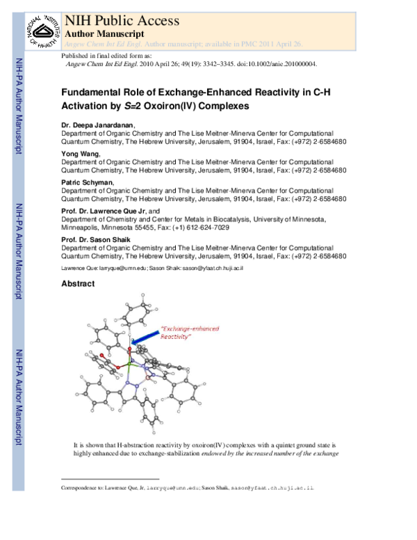 (PDF) The Fundamental Role of Exchange-Enhanced Reactivity in C H Activation by S=2 Oxo Iron(IV ...