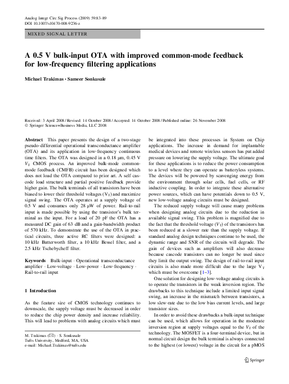 (PDF) A 0.5 V bulk-input OTA with improved common-mode feedback for low ...