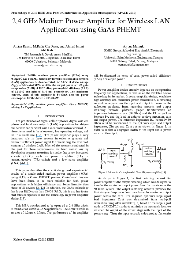 (PDF) 2.4 GHz medium power amplifier for wireless LAN applications using GaAs PHEMT