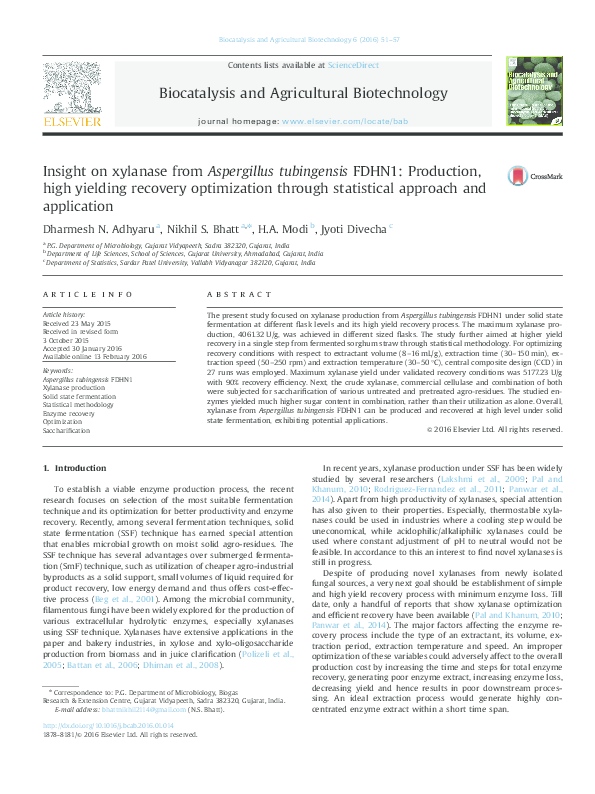 (PDF) Production of Xylanase by Aspergillus flavus FPDN1 on Pearl millet bran: Optimization of ...