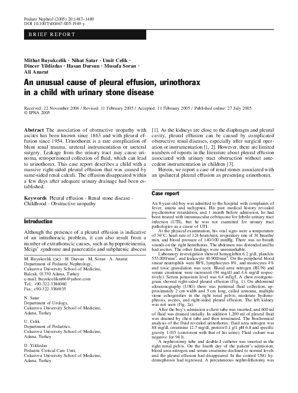 (PDF) An unusual cause of pleural effusion, urinothorax in a child with ...