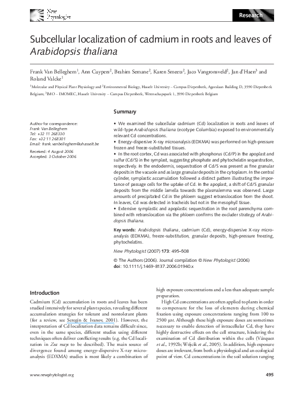(PDF) Subcellular localization of cadmium in roots and leaves of ...