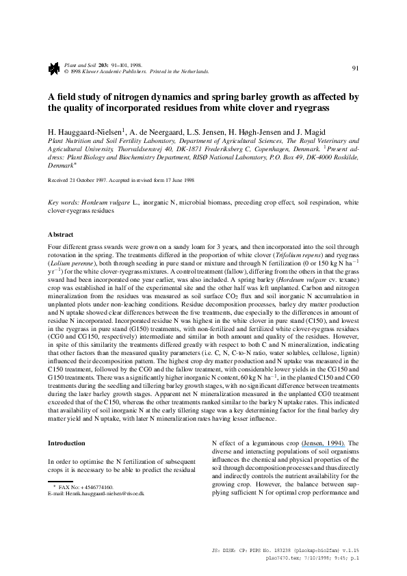 (PDF) A field study of nitrogen dynamics and spring barley growth as ...