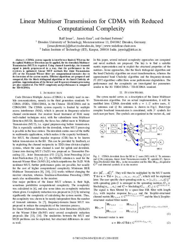 Pdf Linear Multiuser Transmission For Cdma With Reduced Computational Complexity