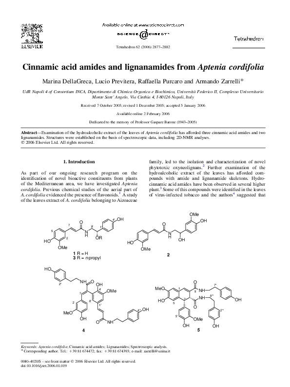 (PDF) Cinnamic acid amides and lignanamides from Aptenia cordifolia