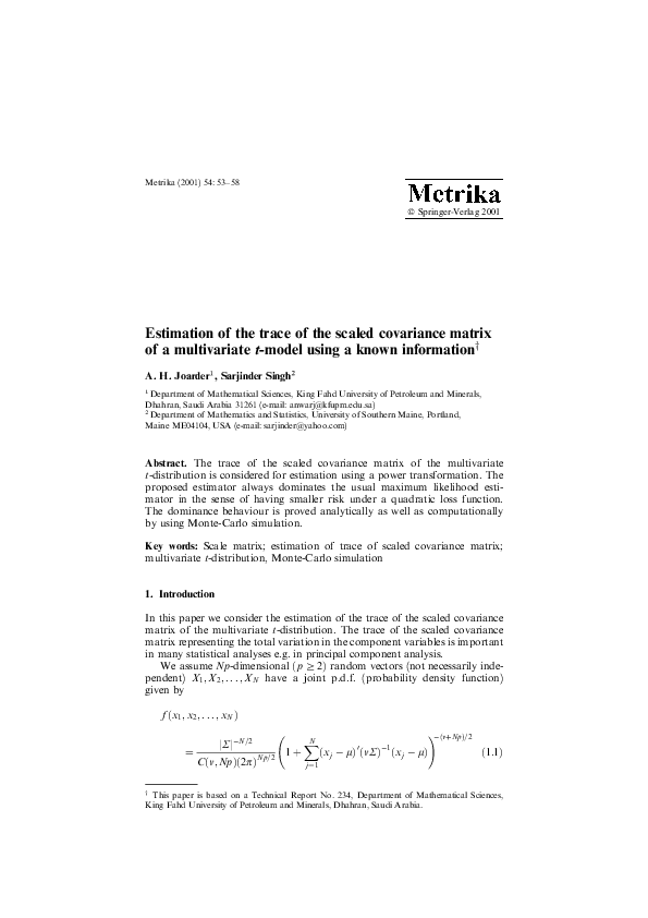 Pdf Estimation Of The Trace Of The Scaled Covariance Matrix Of A Multivariate T Model Using A