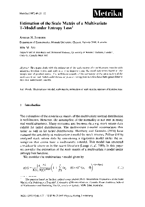 (PDF) Estimation of the scale matrix of a multivariate t-model under entropy loss