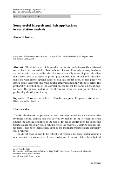 Pdf Some Useful Integrals And Their Applications In Correlation Analysis