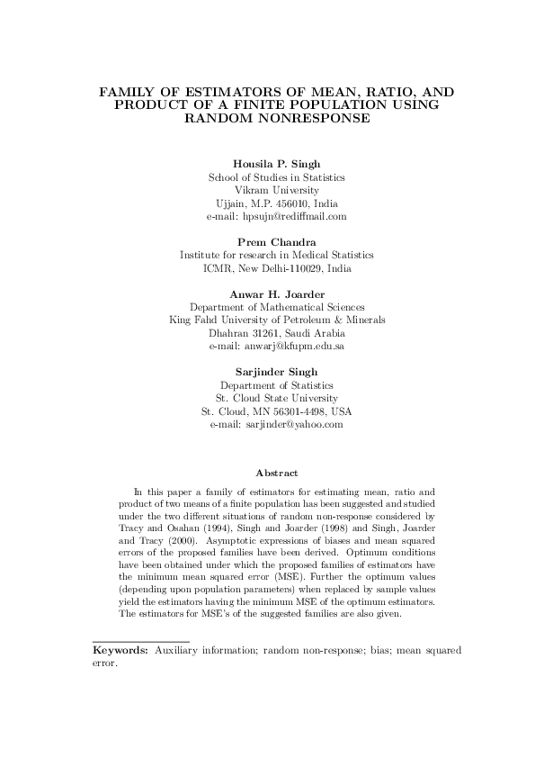 (PDF) Family of estimators of mean, ratio and product of a finite population using random ...