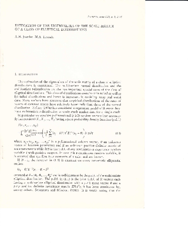 (PDF) Estimation of the eigenvalues of the scale matrix of a clazss of elliptical distributions