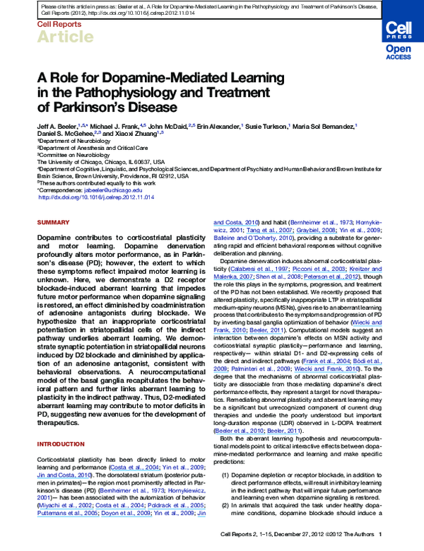 (PDF) A Role for Dopamine-Mediated Learning in the Pathophysiology and ...
