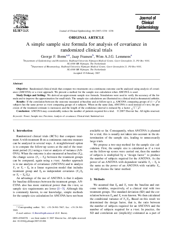 Pdf A Simple Sample Size Formula For Analysis Of Covariance In Randomized Clinical Trials