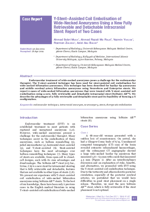 (PDF) Y-stent-assisted coil embolisation of wide-necked aneurysms using ...