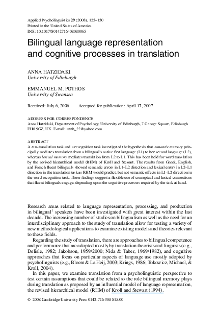 (PDF) Bilingual language representation and cognitive processes in ...