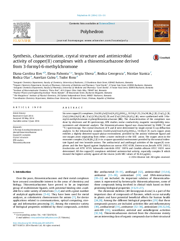(PDF) Synthesis, characterization, crystal structure and antimicrobial activity of copper(II ...