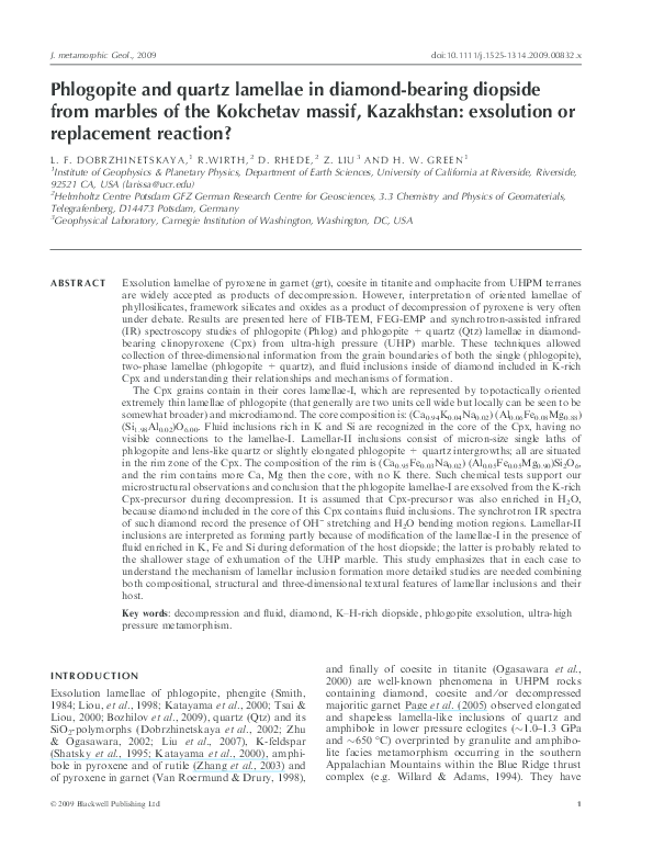 (PDF) Phlogopite and quartz lamellae in diamond-bearing diopside from ...